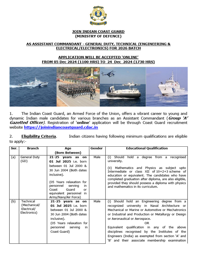 Notification Indian Coast Guard Asst Commandant Posts | PDF | Payments ...