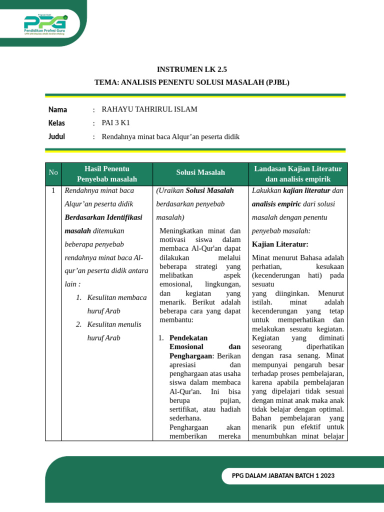 Instrumen LK 2.5 - Analisis Penentu Solusi Masalah (MODUL PROFESIONAL 5 PJBL) | PDF