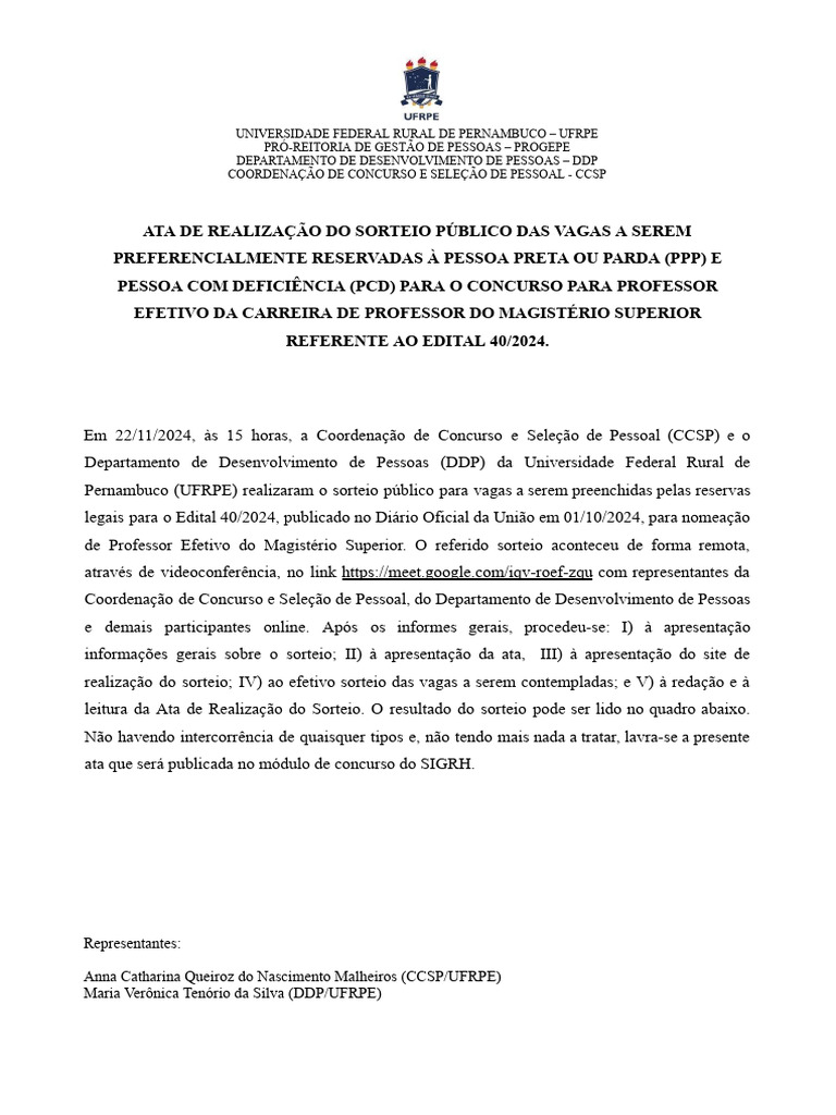 ATA DO SORTEIO PARA AS COTAS PPP E PCD Edital 40 2024.docx Assinado 1 | PDF | Engenharia ...