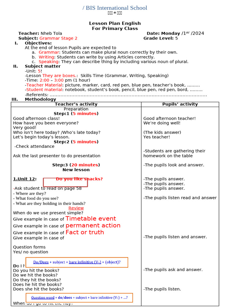 Primary English Lesson Plan: Grammar Skills | PDF | Language Mechanics ...