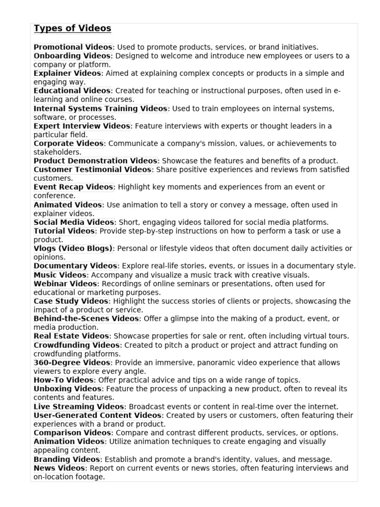 List - Types of Videos and AI Video Tools | PDF | Editing | Artificial ...