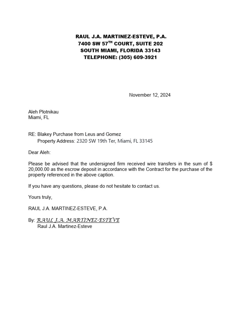 Escrow Letter 2320 SW 19th Ter - Aleh Plotnikau | PDF