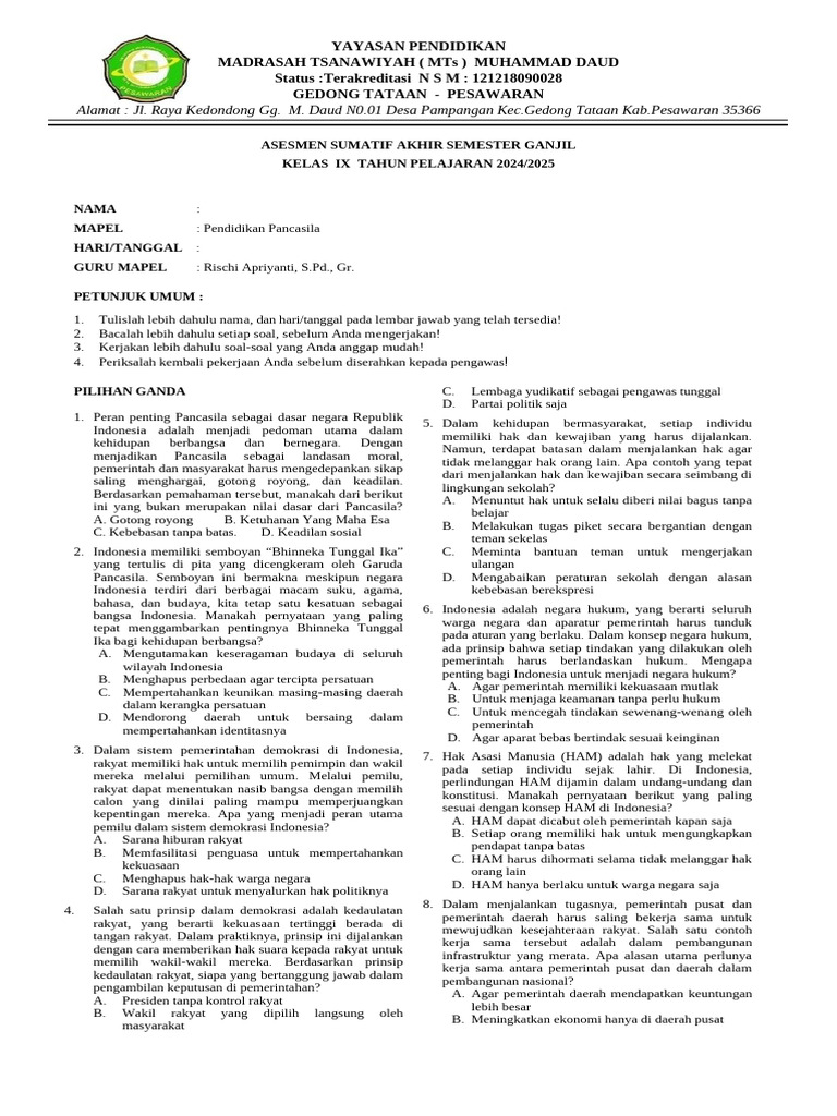 Soal Pas PKN Kelas 9 | PDF