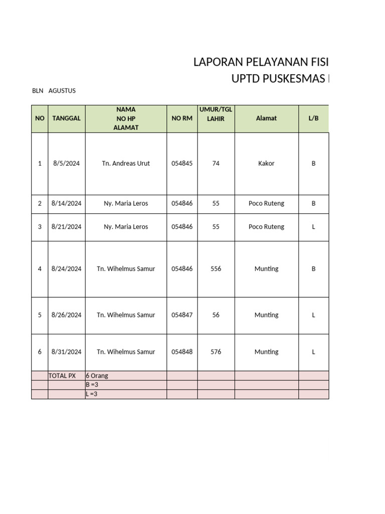 Laporan Fisioterapi Puskesmas Kakor 2024 | PDF