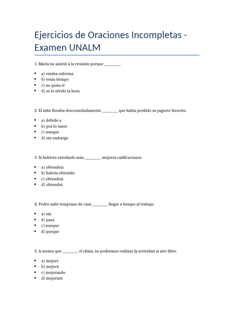 Ejercicios de Oraciones Incompletas UNALM | PDF