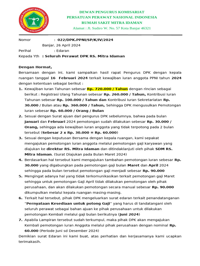 FO Surat Edaran Iuran Anggota | PDF