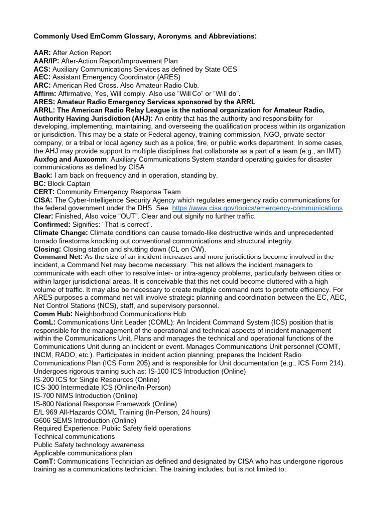Emcomm Glossary Acronyms | PDF | Incident Command System | Radio Technology