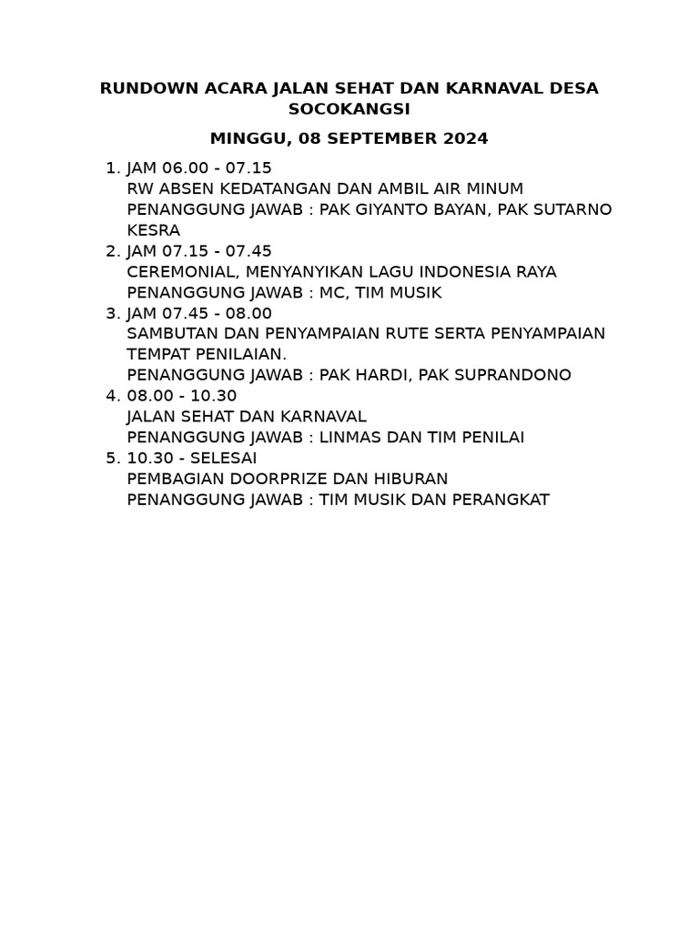 Rundown Acara Jalan Sehat Dan Karnaval Desa | PDF