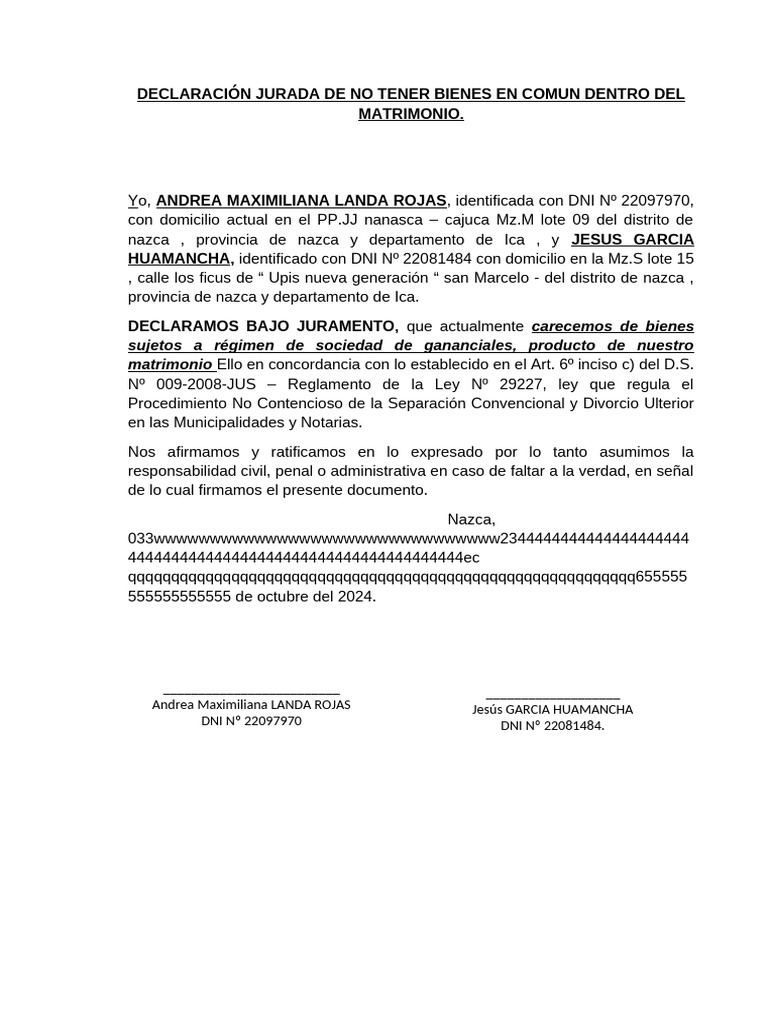 Declaracion Jurada de No Tener Hijos Menores o Mayores Con Discapacidad | PDF