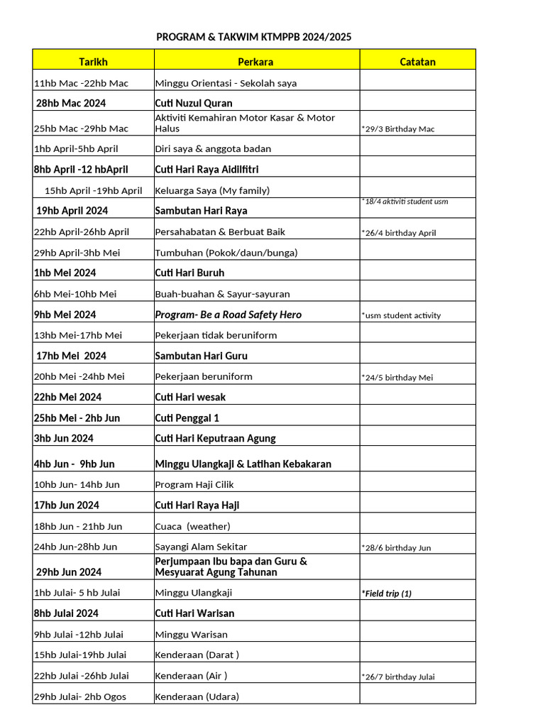 KTMPPB School Calendar 2024/25 | PDF | Observances | Religious Holidays
