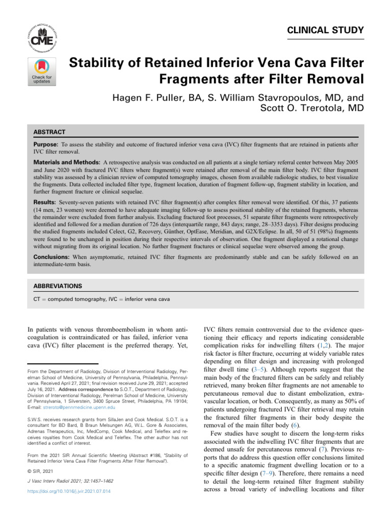 Stability of Retained Inferior Vena Cava Filter FR | PDF | Medical ...