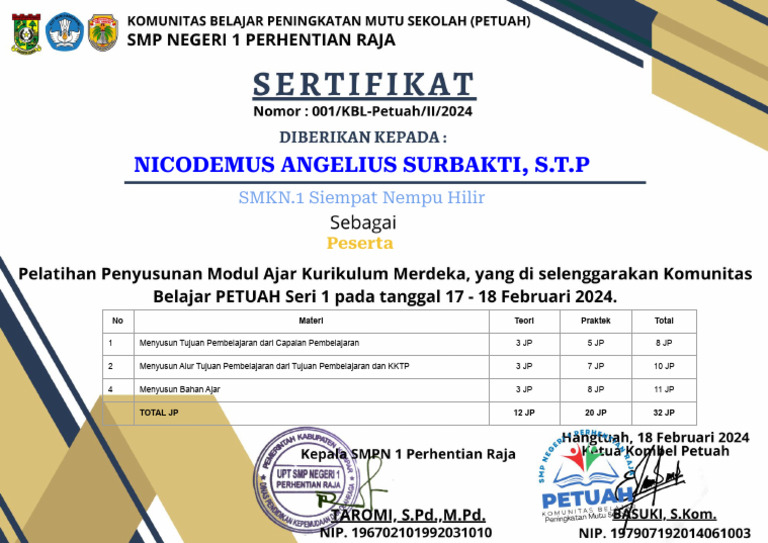 NICODEMUS ANGELIUS SURBAKTI, S.T.P - Sertifikat-Kombel-Petuah-Seri1 | PDF