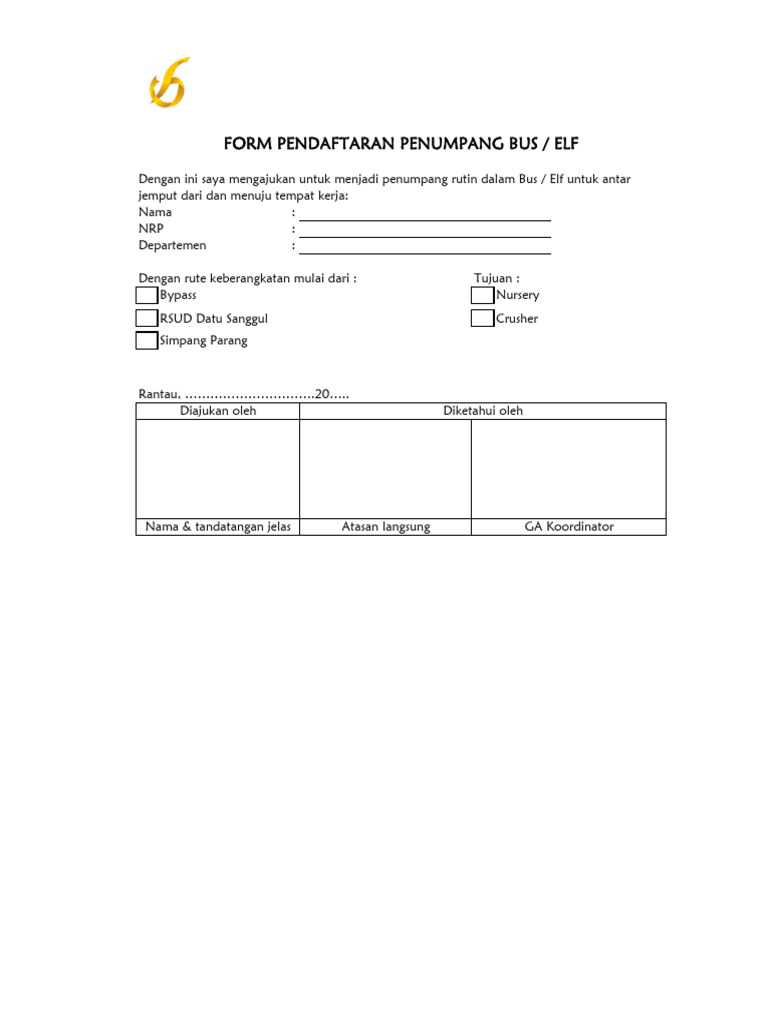 Formulir Pendaftaran Penumpang Bus/Elf | PDF