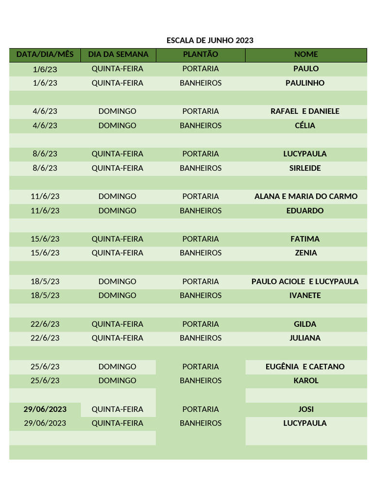 Escala de Junho 2023 | PDF