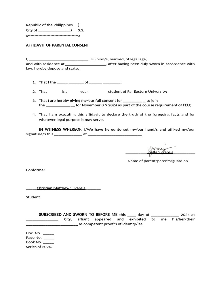 Affidavit of Parental Consent Domestic | PDF