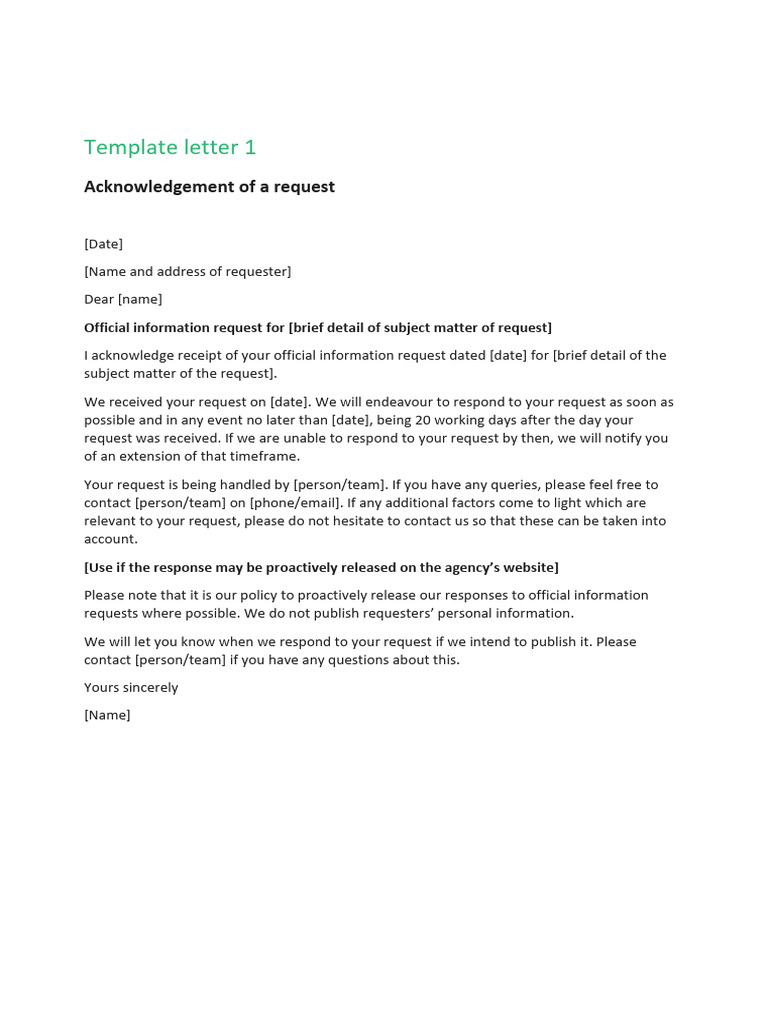 Template Letter 1 - Acknowledgement of A Request | PDF