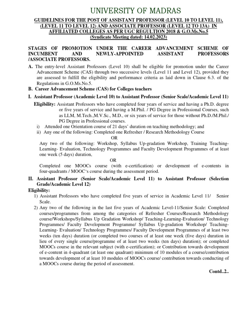 Madras University CAS Promotion Guidelines | PDF | Doctor Of Philosophy ...