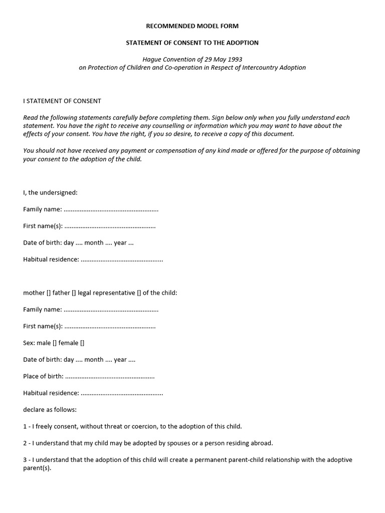 Recommended Model Form Statement of Consent To The Adoption | PDF ...