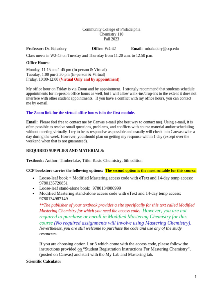 Chem 110 Syllabus Fall 2023 | PDF | Chemistry | Quiz