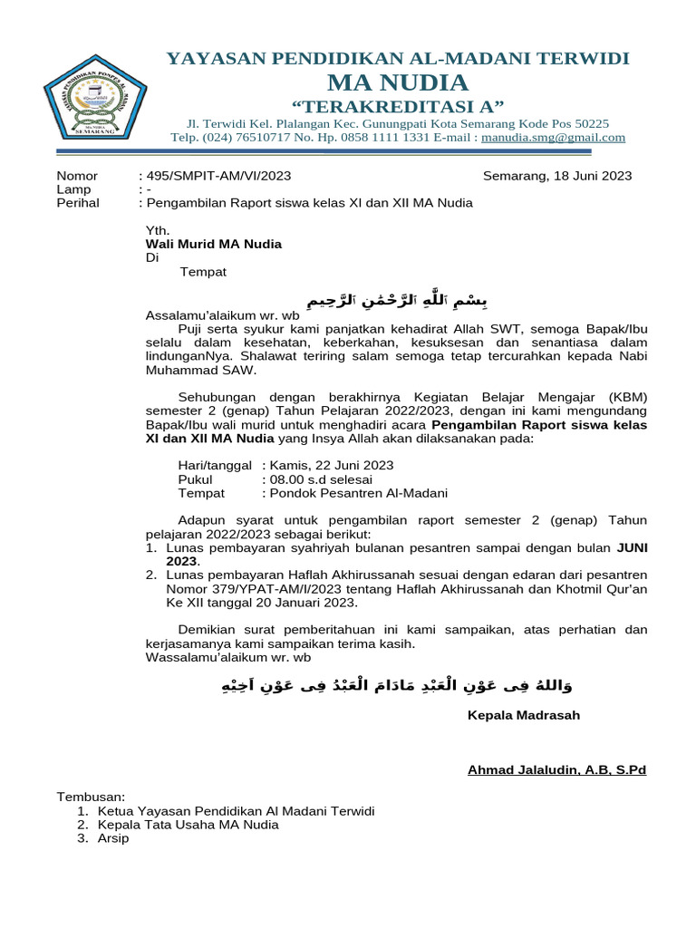 SU - Pengambilan - Raport - MA Nudia | PDF