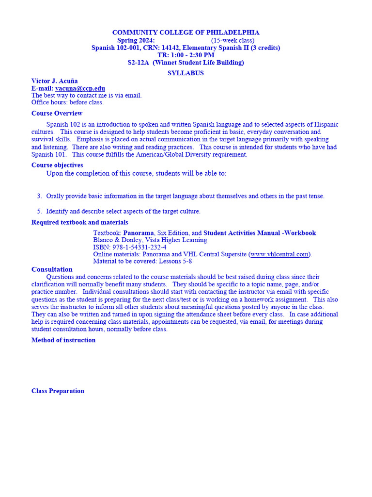 Syllabus Spanish 102 Spring 2024 | PDF | Academic Integrity | Academic ...