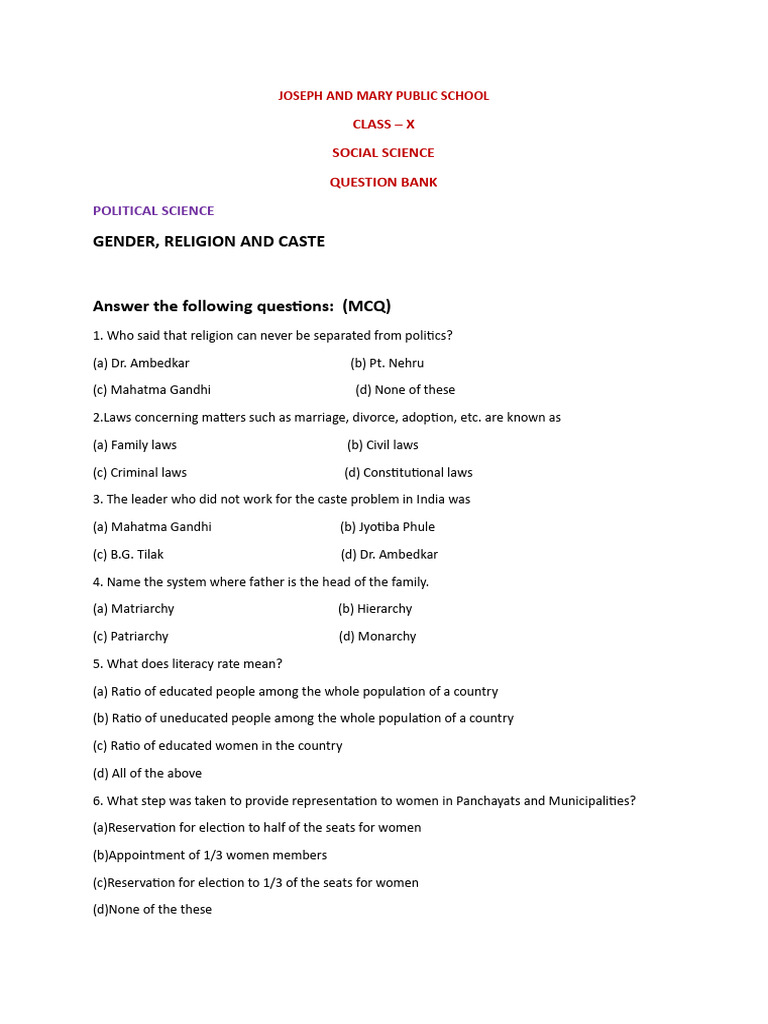Class 10 Gender, Religion QB | PDF | Secularism | Caste