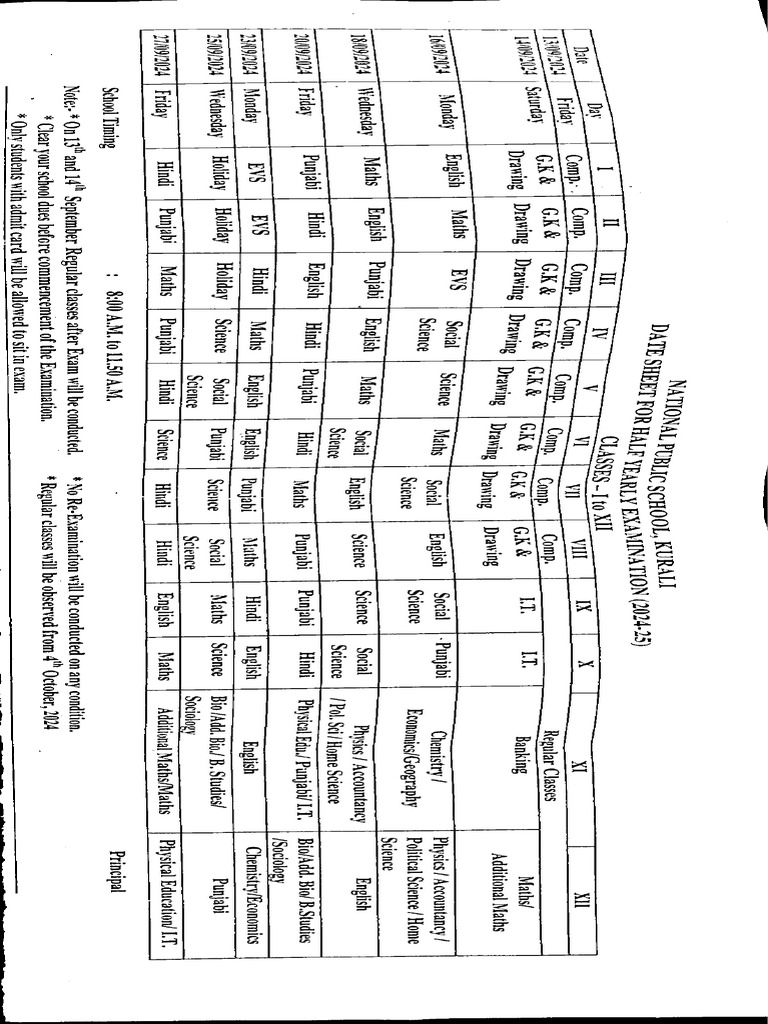 Date Sheet For Half Yearly Exams | PDF