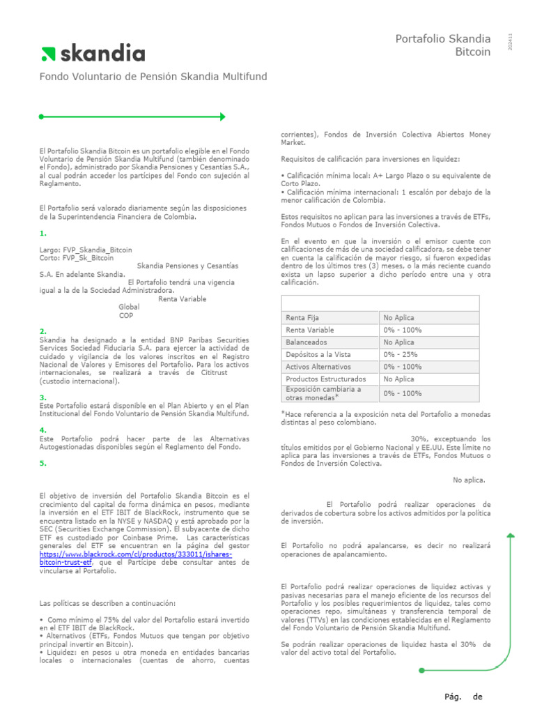 Prospecto Portafolio Skandia Bitcoin | PDF | Portafolio (Finanzas) | Fondo de inversion