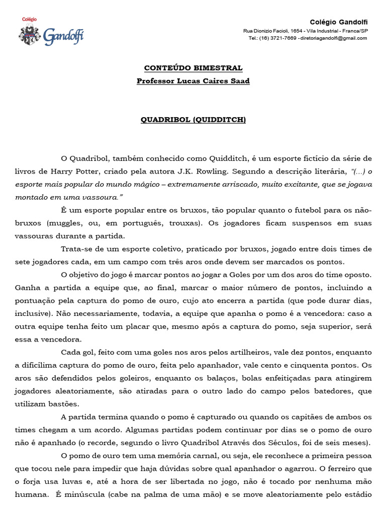 QUADRIBOL - Conteúdo Bimestral - Gandolfi - Lucas Saad | PDF | Harry Potter
