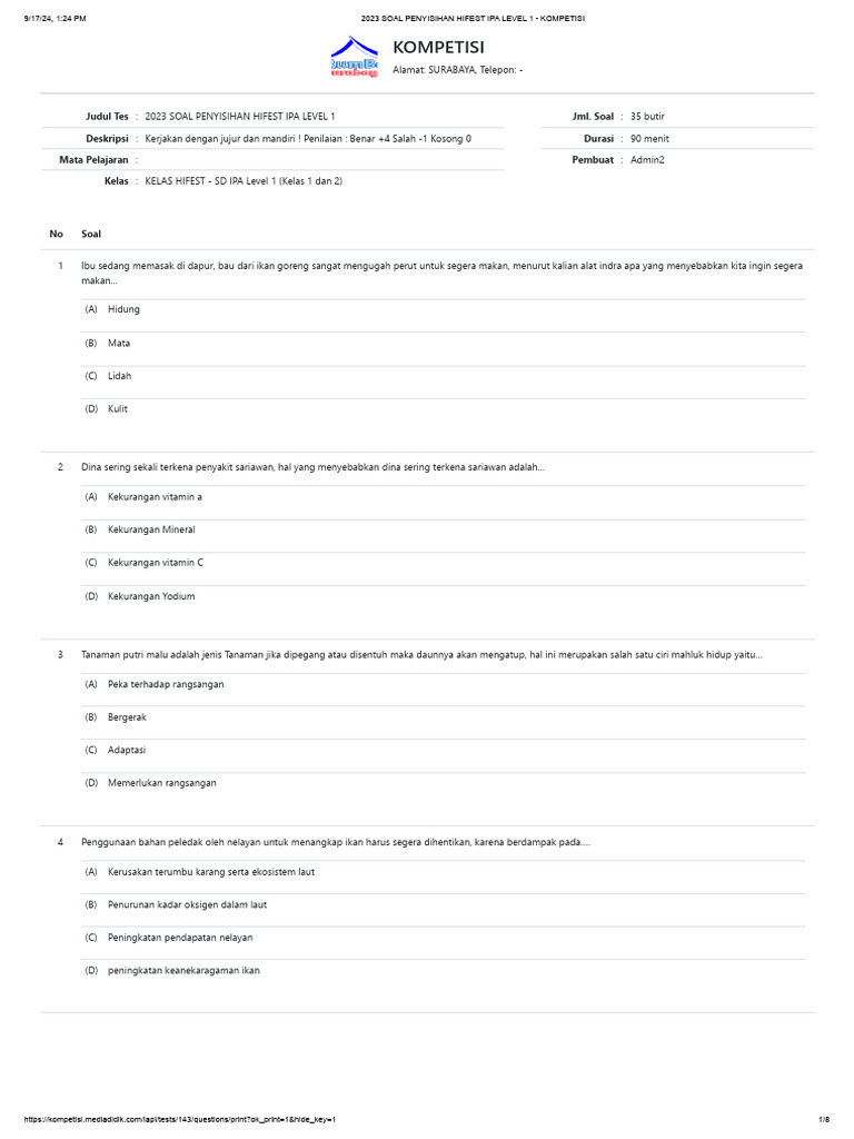 2023 Soal Penyisihan Hifest Ipa Level 1 - Kompetisi | PDF