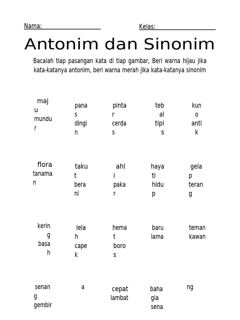 Lembar Kerja Bahasa Antonim Dan Sinonim | PDF