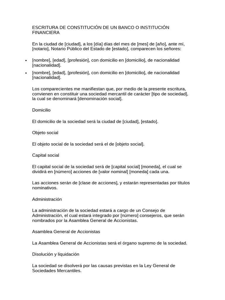 Escritura de Constitucion de Un Banco | PDF | Sociedad de responsabilidad limitada | Bancos