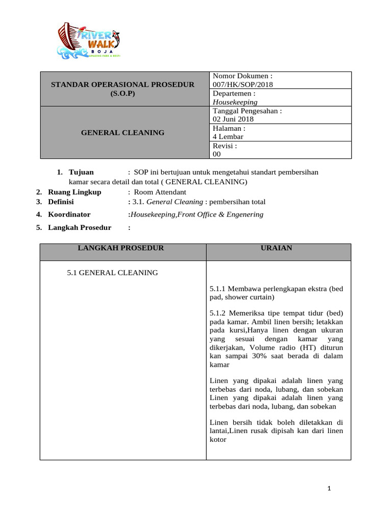 007 Sop General Cleaning | PDF