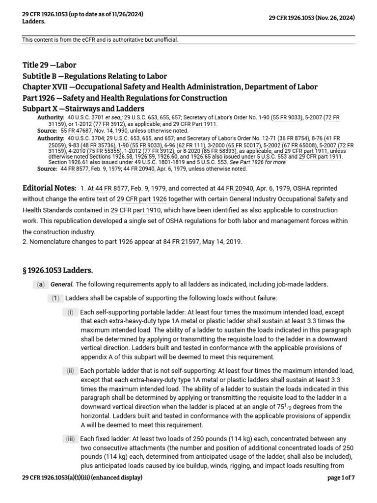 29 CFR 1926.1053 (Up To Date As of 11-26-2024) | PDF | Ladder