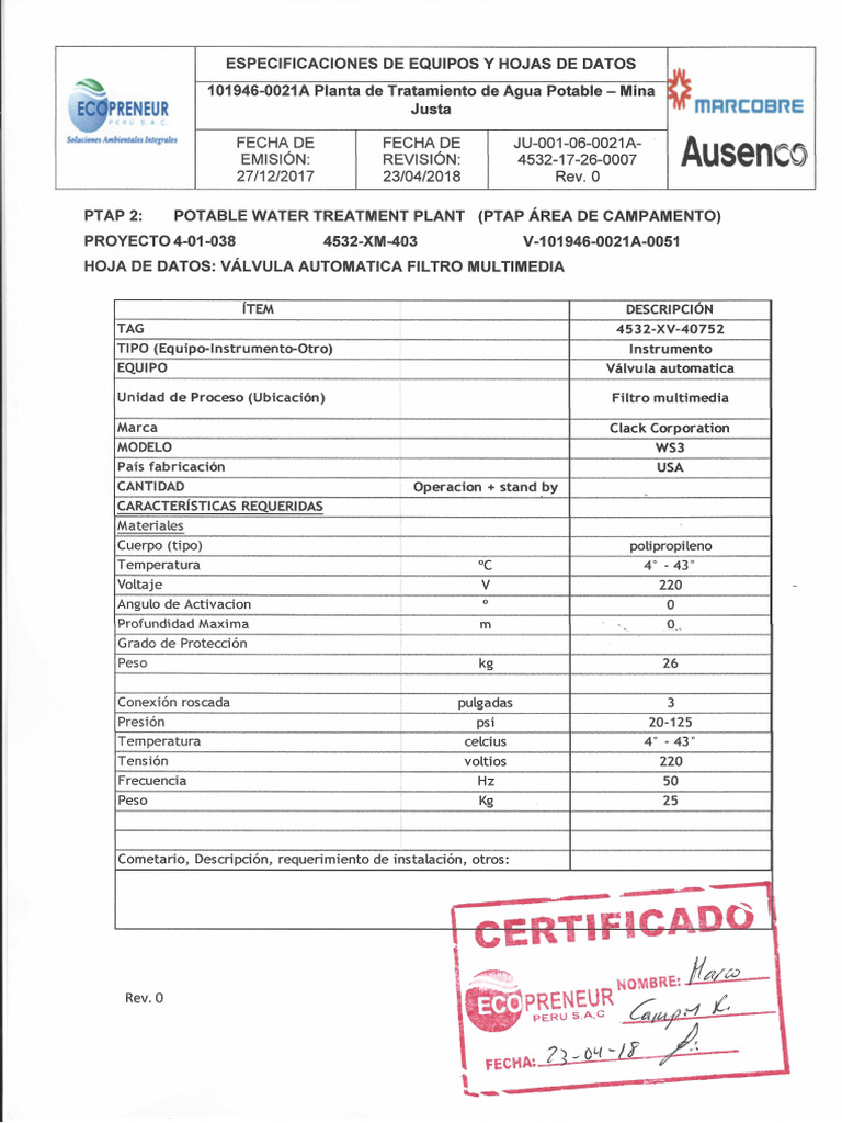 V 101946 0021A 0051 Valvula Automatica Filtro Multimedia | PDF | Flow ...