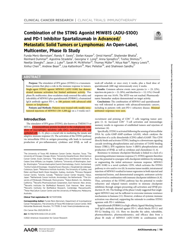 Clin Car Res 2023 ADU-S100 Phase 1b | PDF | Immunology | Diseases And ...