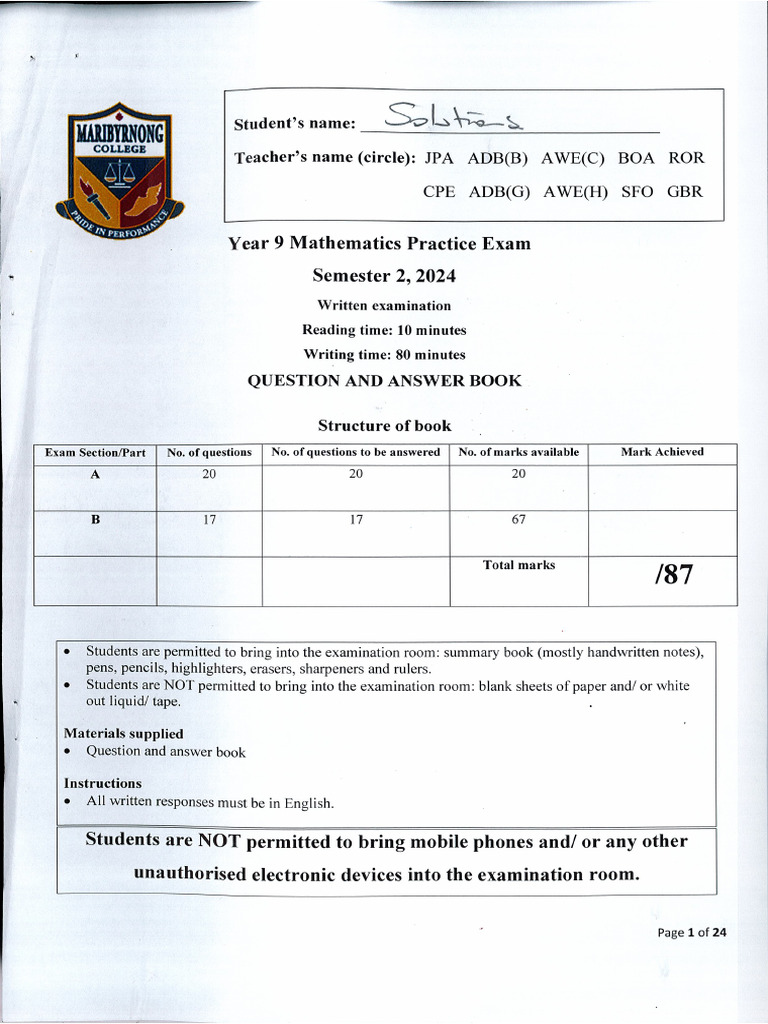 Year 9 2024 Semester 2 PRACTICE Exam - Solutions | PDF
