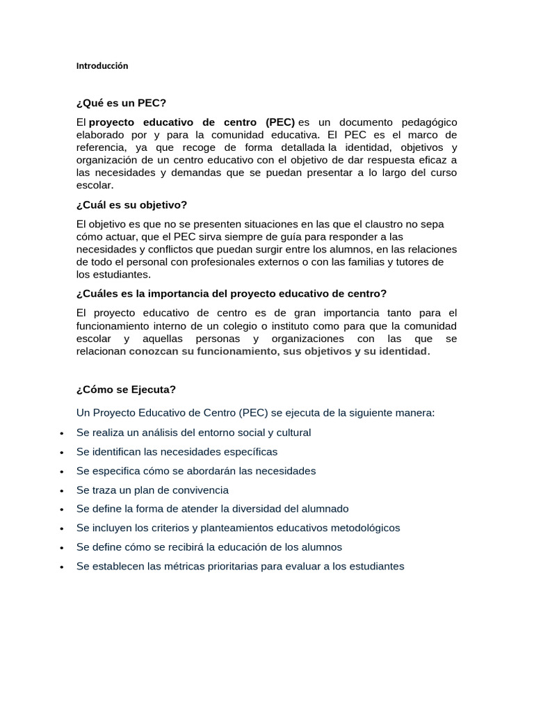¿Qué Es Un PEC? Proyecto Educativo de Centro (PEC) : Introducción | PDF | Aprendizaje