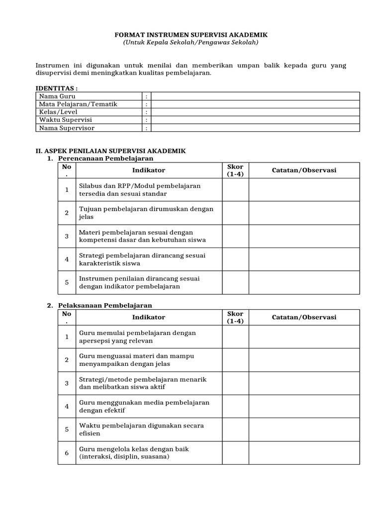 Format Instrumen Supervisi Akademik | PDF