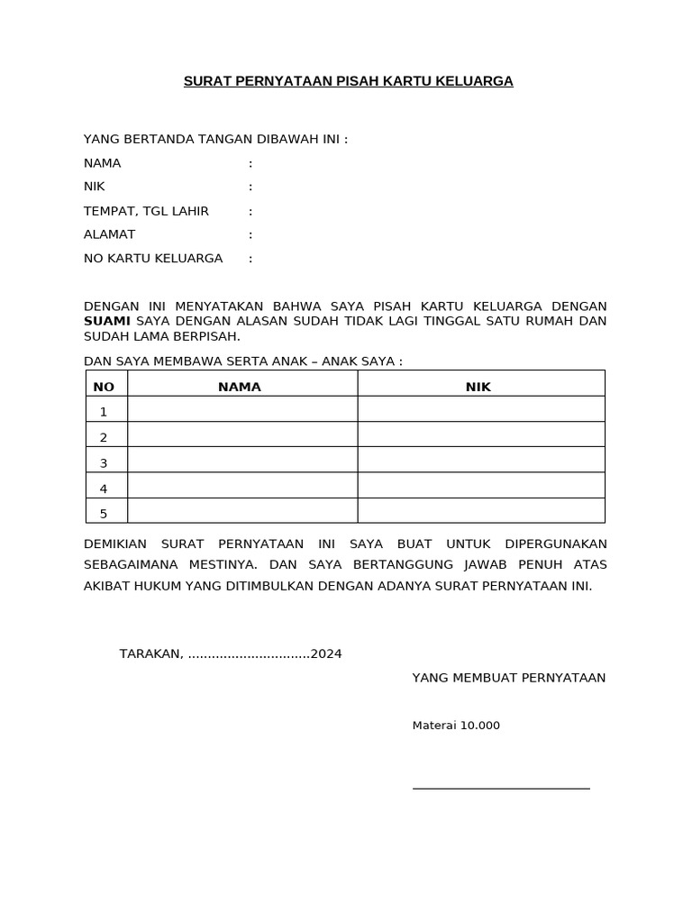 Surat Pernyataan Pisah Kartu Keluarga | PDF