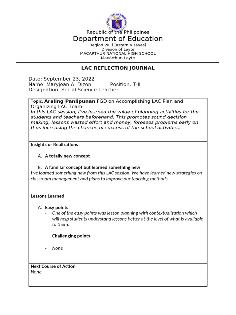 LAC Reflection Journal Insights | PDF | Cognition | Learning