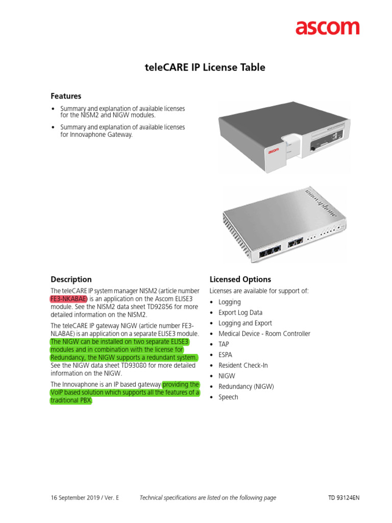 teleCARE IP License Table Data Sheet | PDF | Information And ...
