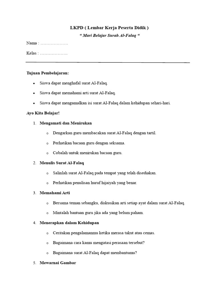 LKPD Belajar Suroh Al Falaq | PDF