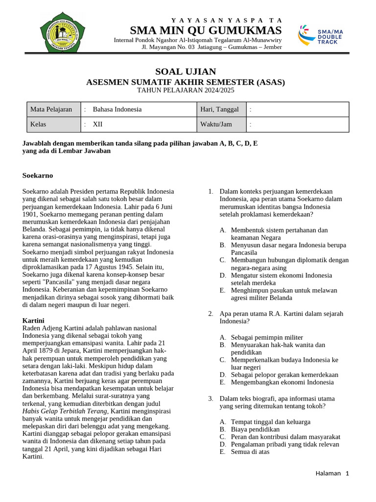 Soal Asesmen Sumatif Ganjil Bahasa Indonesia Sma 2024 | PDF