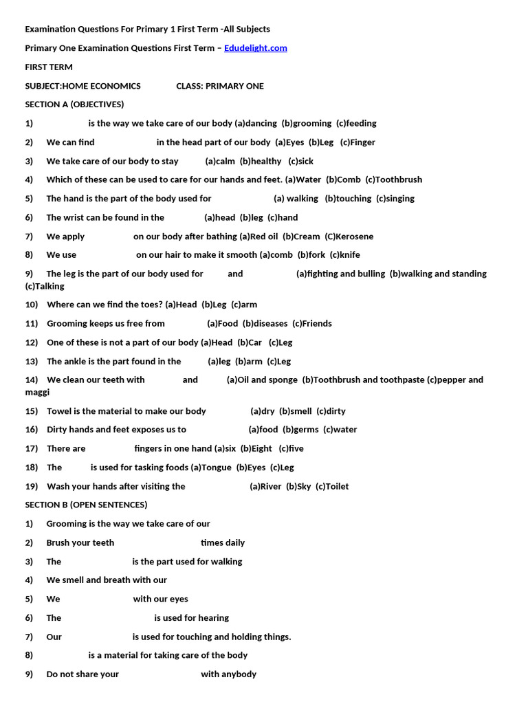 Examination Questions For Primary 1 First Term | PDF