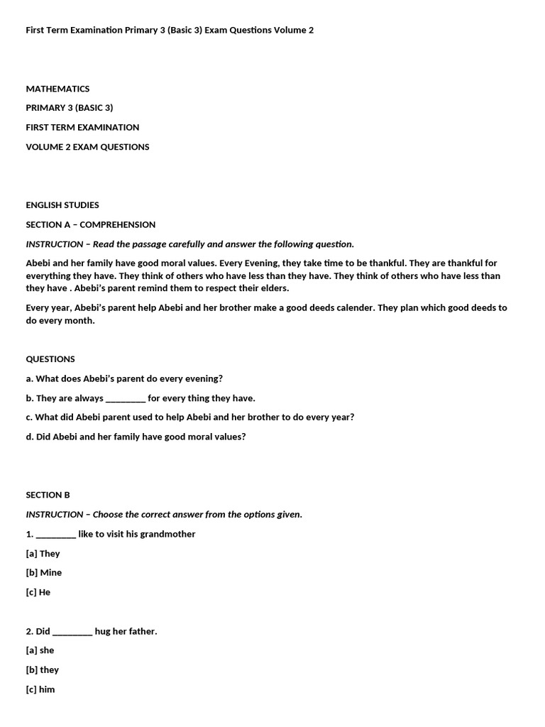 Primary 3 First Term Exam Questions | PDF | Noun | Languages