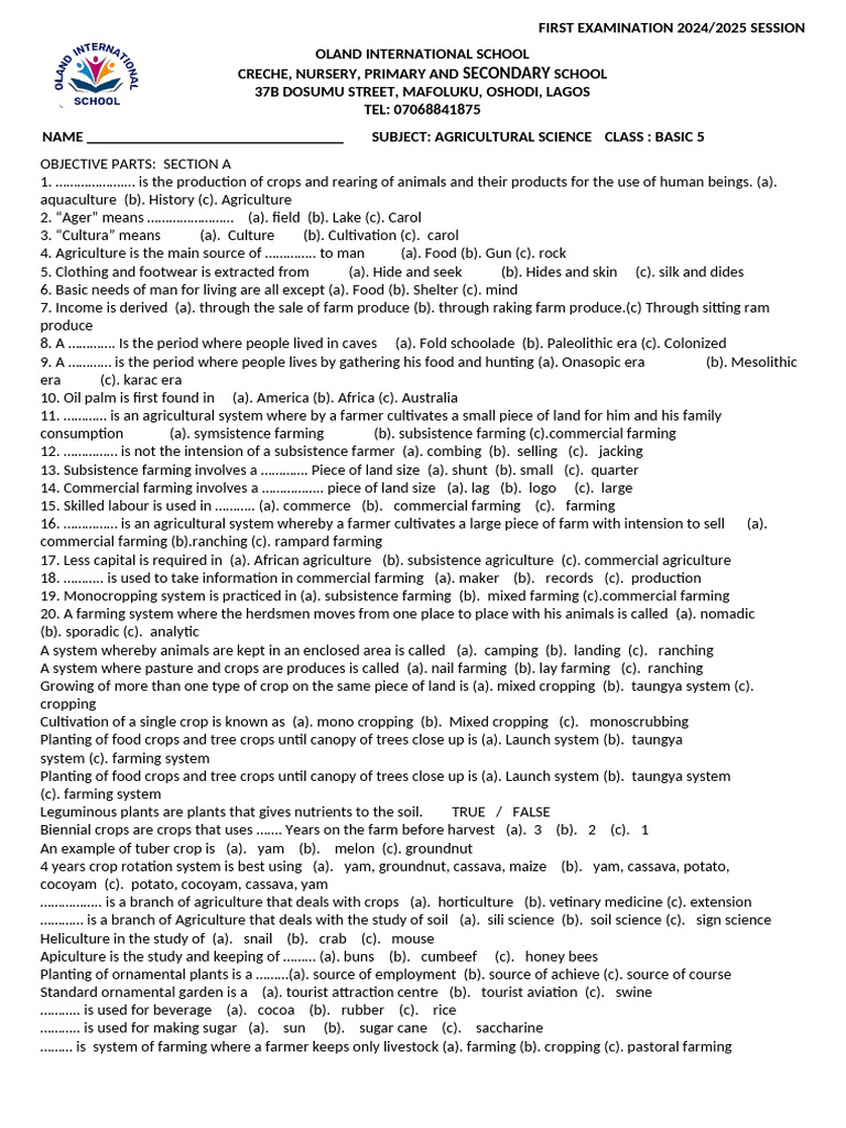 JSS1 First Term Agricultural Exam Questions | PDF | Crops | Metals
