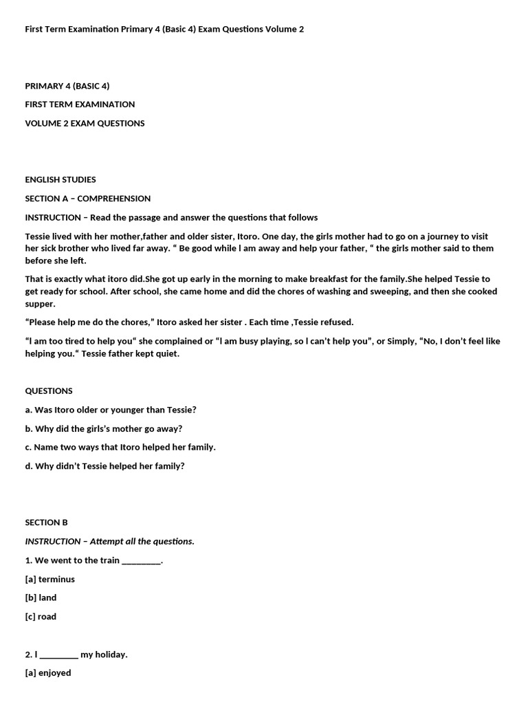 Primary 4 First Term Exam Questions | PDF | Alphabet | Linguistics