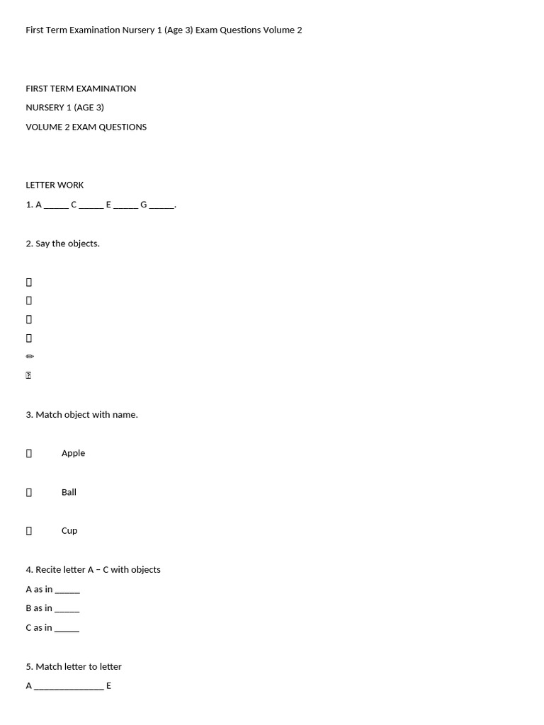 Nursery 1 First Term Exam Questions | PDF | Foods