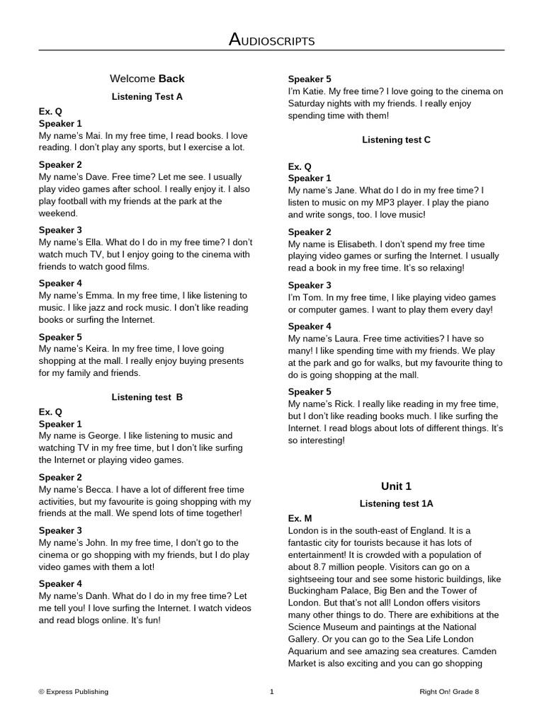 TA8 Right On Tests - Audioscripts | PDF | Volcano